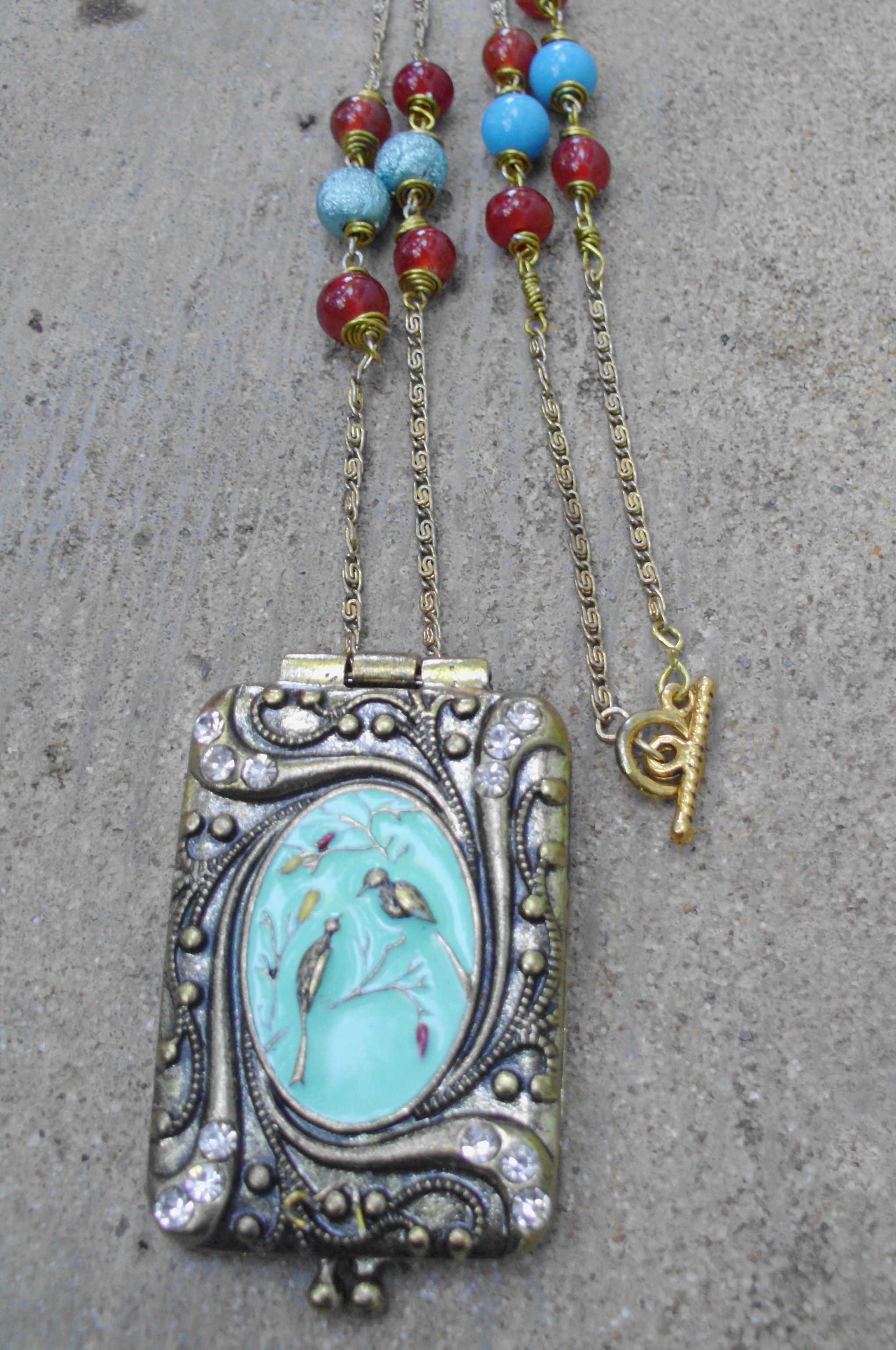 Enameled Bird Locket With Beaded Chain on Luulla