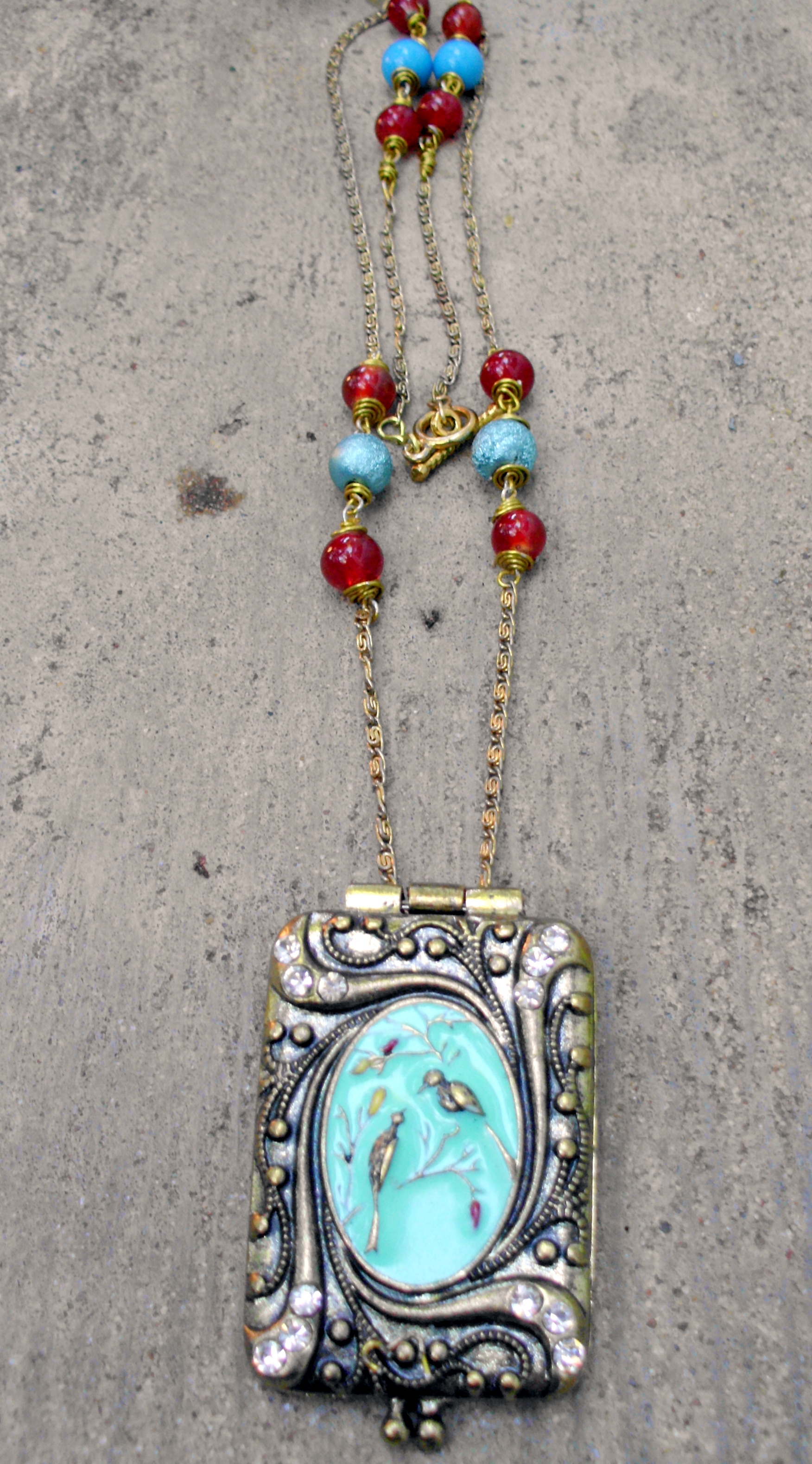 Enameled Bird Locket With Beaded Chain on Luulla